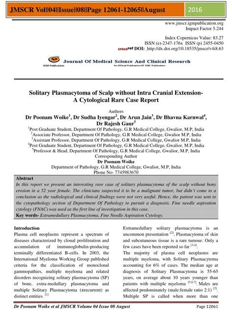 Pdf Solitary Plasmacytoma Of Scalp Without Intra Cranial Extension A
