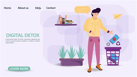 웹 및 모바일 사이트에 대한 디지털 해독 배너 개념 작은 남자 는 쓰레기 플랫 벡터 일러스트에 전화와 노트북을 던져 Brand Name Online Messaging