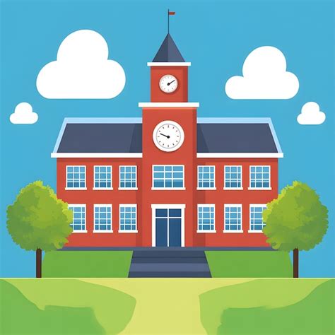 Red Brick School Building With A Clock Tower And Two Trees In Front