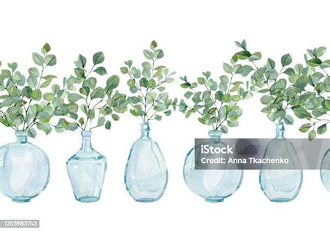 수채화 수평 원활한 패턴 은 가지 유칼립투스 세트유리 화병에 녹색 식물을 집 포장지 스크랩북 텍스트 직물에 대한 에코 자연 미니멀리스트 그림 수채화에 대한 스톡 벡터 아트