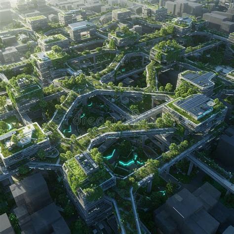Futuristic Urban Landscape Featuring Interconnected Multi Level Buildings With Lush Stock