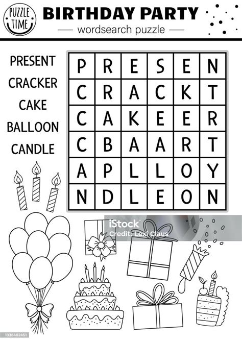 아이들을위한 벡터 흑백 생일 파티 워드 서치 퍼즐 선물 케이크 풍선 촛불 간단한 휴일 크로스 워드 퍼즐 교육 기념일 축하 키워드 활동 0명에 대한 스톡 벡터 아트 및 기타