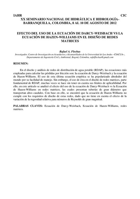 Efecto DEL USO DE LA Ecuaci N DE Darcy Weisbach VS LA DE Hazen Williams