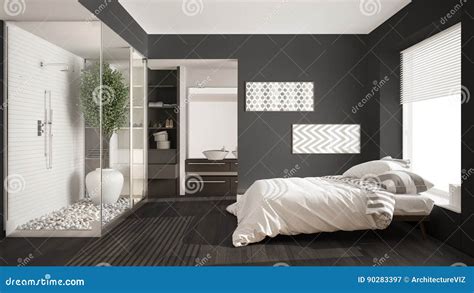Minimalist Bedroom And Bathroom With Shower And Walk In Closet Stock