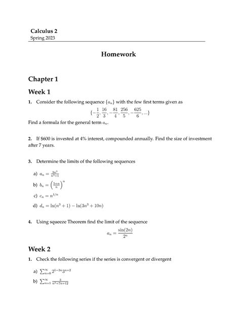 Hw Calculus 2 Excercise To You Practice Calculus 2 Spring 2023 Homework Chapter 1 Week 1 1