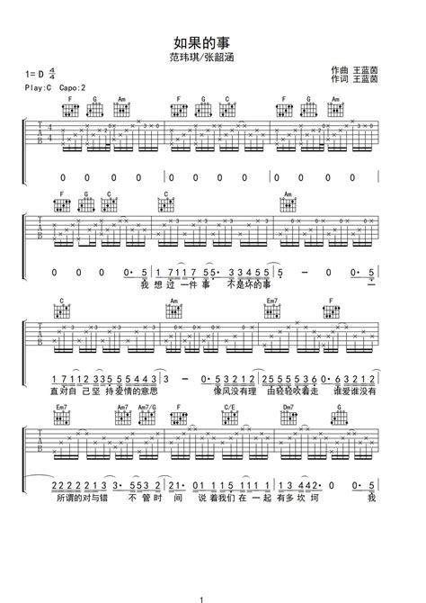 《如果的事》吉他简谱c调弹唱谱范玮琪张韶涵 吉他曲谱 师谦曲谱网