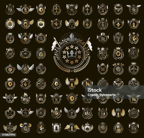 팔 벡터 큰 세트 빈티지 골동품 전령 배지 및 수상 컬렉션 고전적인 스타일의 디자인 요소 가족 또는 비즈니스 엠블럼의 상징의 헤럴드 코트 벡터 큰 세트 벡터에 대한 스톡