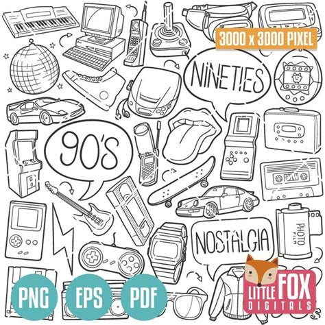 S Years Icons Doodle Set Nineties Icons Clipart Scrapbook Retro Technology Objects