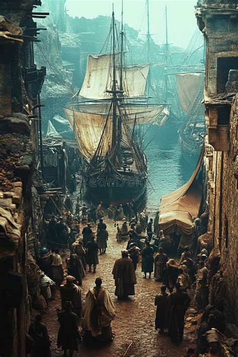 Slave Market At The Port With Pirate Ships In The Background Captured From A Top View Stock