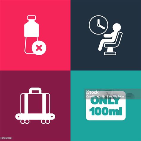 기내 반입 수하물에 액체를 넣고 여행 가방이 달린 컨베이어 벨트 인간 대기 공항 터미널 및 물병 아이콘 없음에 팝 아트를 설정합니다 벡터 공항에 대한 스톡 벡터 아트 및