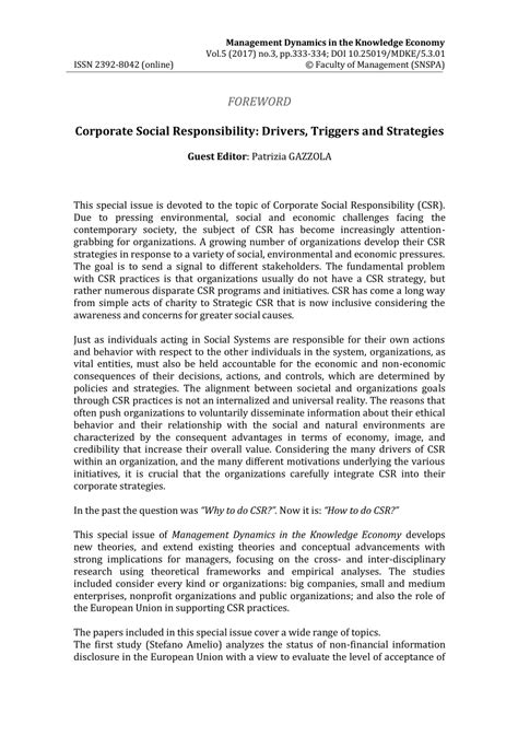 Pdf Foreword Corporate Social Responsibility Drivers Triggers And