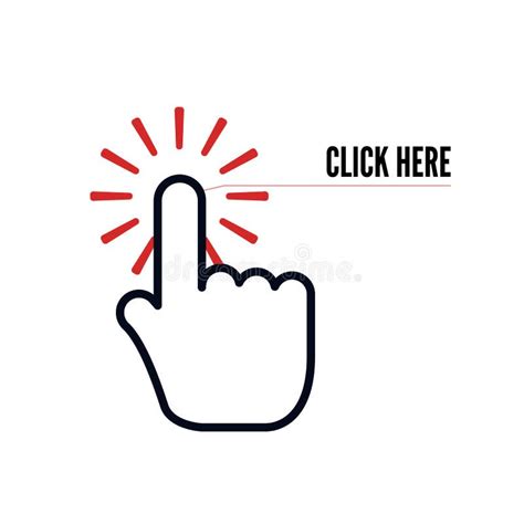 hand cursor with animation of action and text click here on white