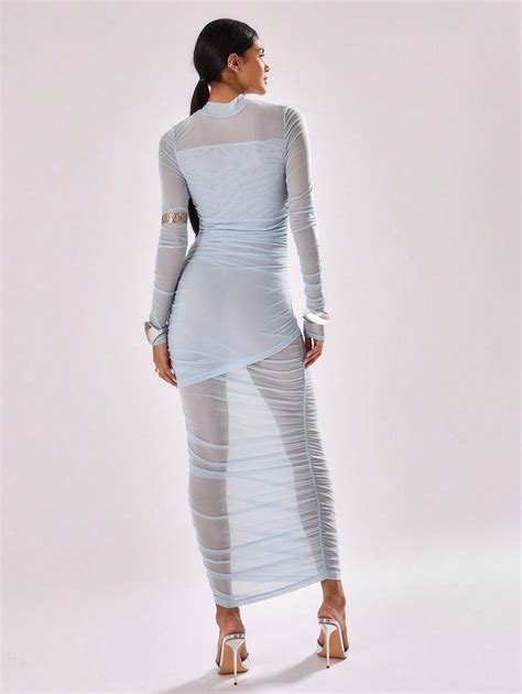 Musera Sexy Sheer Mesh Ruched Detail Long Dress Elegant Spring Summer