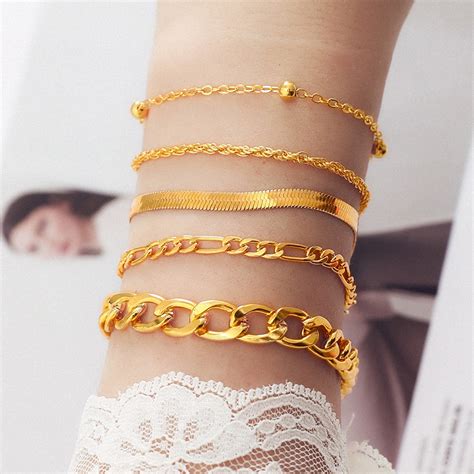 5pcsset Elegant Female Gold Metal Thick Chain Bracelets For Women