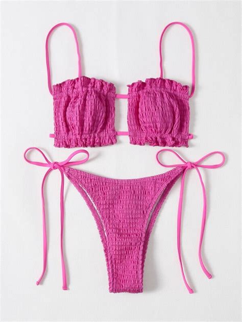 Smocked Frill Tie Side Bikini Swimsuit Shein Usa