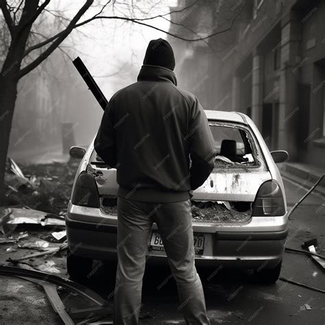 Man With A Baseball Bat Stands In Front Of A Broken Car A Man Crashed A