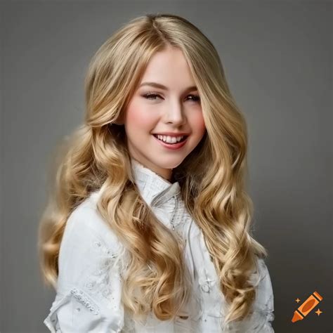 Young Female Model With Blonde Wavy Hair And Shy Smile In A White Shirt