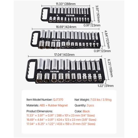 Vevor Portable Socket Organizer Set 3pcs 76 Clip Magnetic Socket Tray
