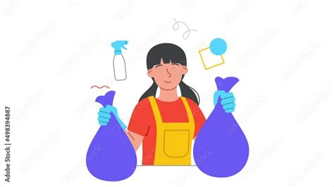 Cleaning Company Staff Video Concept Moving Woman Holds Bags Of