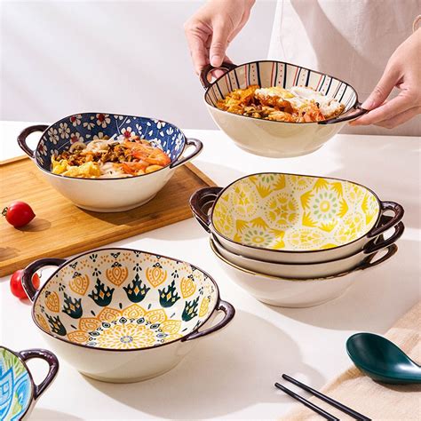 Farmhouse Boho Style Irregular Shaped Ceramic Bowls With Handles