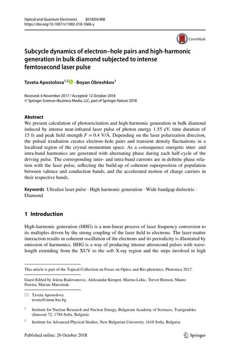 Pdf Sub Cycle Dynamics Of Electron Hole Pairs And High Harmonic