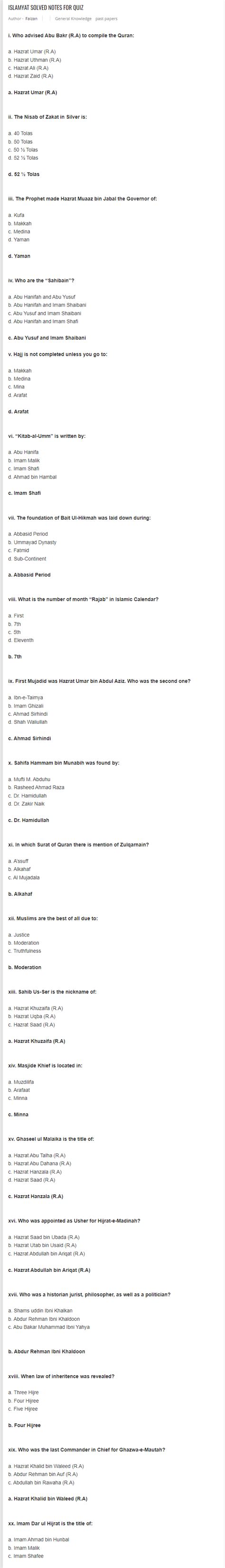 Islamyat Solved Notes For Quiz Sample Paper