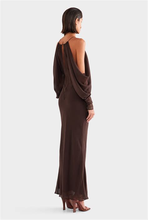 Womens Silk Off Shoulder Column Maxi Dress Dark Chocolate Venroy Venroy