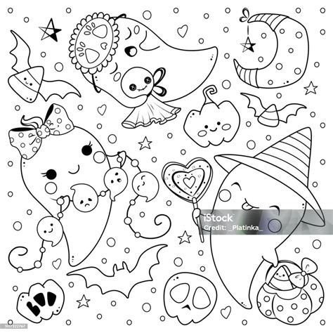 할로윈 색칠 공부 페이지를위한 카와이 유령 개요 만화 벡터 일러스트 레이 션 카와이에 대한 스톡 벡터 아트 및 기타 이미지 카와이 할로윈 색칠하기 Istock