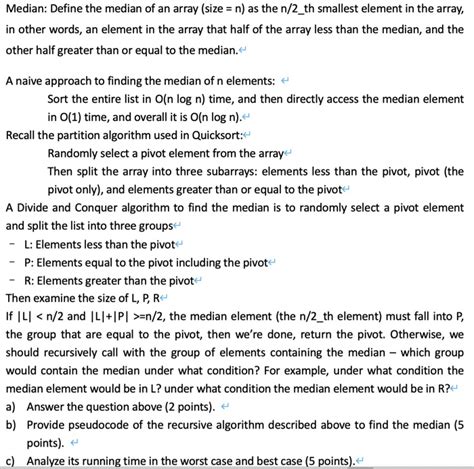 Solved Median Define The Median Of An Array Size N As