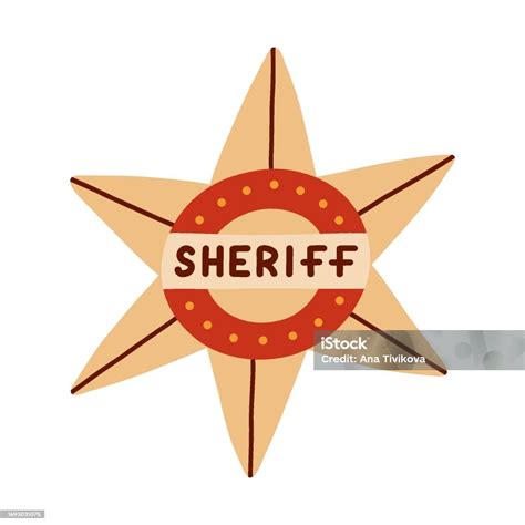 만화 귀여운 스타일의 별 모양으로 손으로 그린 보안관 배지 서부 경찰의 황금 육각형 상징 법 보안 및 정의의 표시 와일드 웨스트와 카우보이 고립 된 상징 방패 1위에 대한