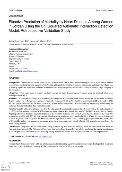 Pdf Effective Prediction Of Mortality By Heart Disease Among Women In Jordan Using The Chi