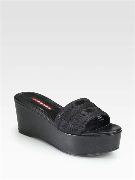 Prada Mesh Leather Wedge Slide Sandals In Black Lyst