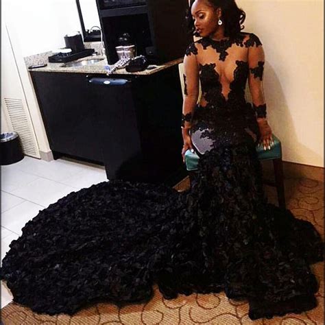 Stunning Black African Prom Dresses Mermaid Illusion Flowers Long Slee