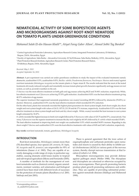 Pdf Nematicidal Activity Of Some Biopesticide Agents And Microorganisms Against Root Knot