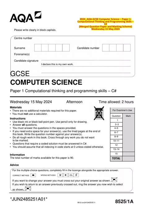 2024aqa Gcse Computer Science Paper 1 Computational Thinking And