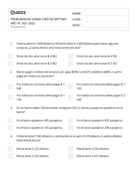 50 Problemas De Suma Hojas De Trabajo Para Grado 7 En Quizizz Gratis