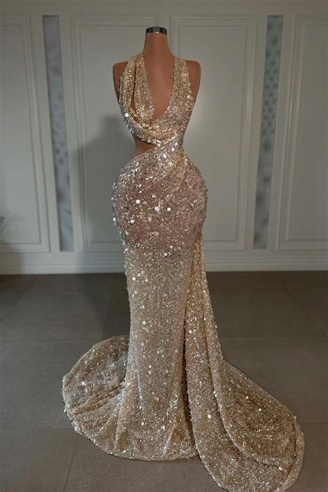 Sequins Evening Dress V Neck Sleeveless Hatler Sexy Long Yl0231