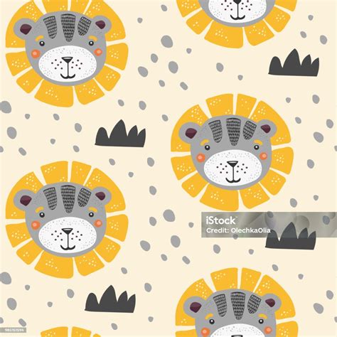 아이 직물 또는 직물에 대 한 귀여운 사자 미술 그리기 스 칸디 나 비아 패턴입니다 0명에 대한 스톡 벡터 아트 및 기타 이미지 0명 귀여운 그림 그리기 Istock