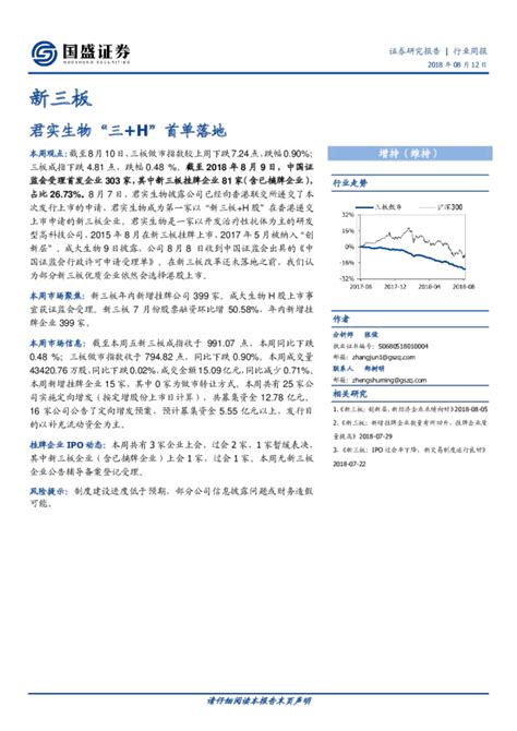 新三板行业周报：君实生物“三h”首单落地