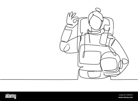 Continuous One Line Drawing Female Astronaut With Gesture Okay Wearing Spacesuits To Explore