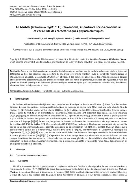 Pdf Le Baobab Adansonia Digitata L Taxonomie Importance Socio
