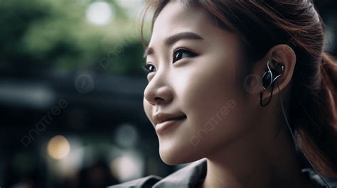 헤드폰을 끼고 아시아 여자 무선 이어폰을 끼고 웃는 젊은 여성의 근접 촬영 고화질 사진 사진 배경 일러스트 및 사진 무료 다운로드 Pngtree
