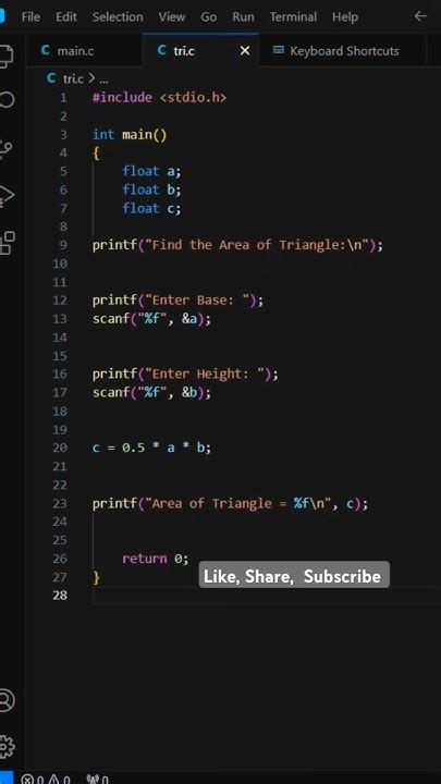 Area Of Triangle Code In C Language In Vs Code Codequestcoding Clanguage Ytshorts Youtube