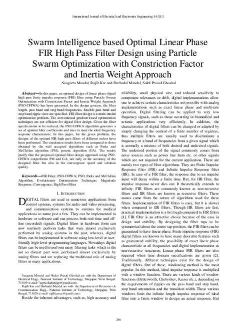 Pdf Swarm Intelligence Based Optimal Linear Fir High Pass Filter