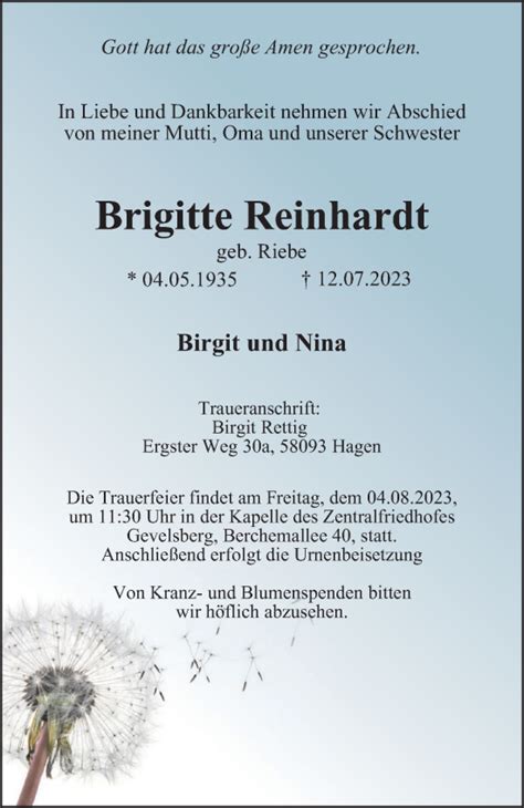 Traueranzeigen Von Brigitte Reinhardt Trauer In Nrwde