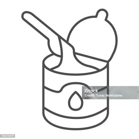 숟가락 얇은 라인 아이콘 유제품 개념 응축 우유 캔 및 흰색 배경에 숟가락 기호 밀크 크리머 캔 윤곽 스타일로 응축 우유캔 벡터 그래픽 0명에 대한 스톡 벡터 아트 및 기타