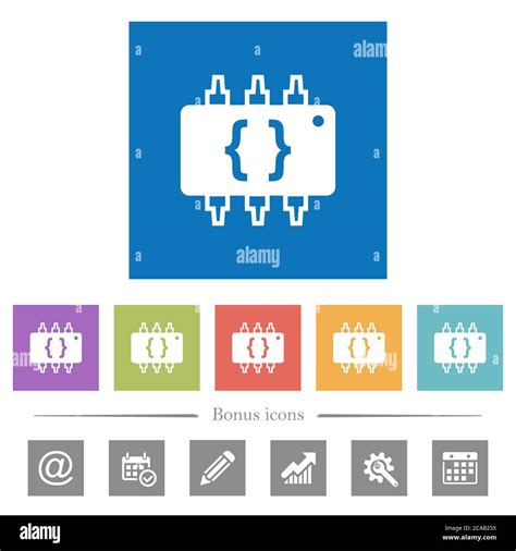 Hardware Programming Flat White Icons In Square Backgrounds Bonus Icons Included Stock Vector