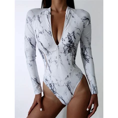 Summer Print Zipper One Piece Swimsuit Closed Long Sleeve Swimwear