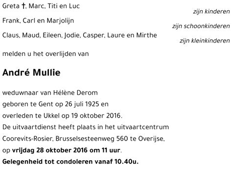 Avis De Décès De André Mullie Décédé Le 19102016 à Ukkel Annonce