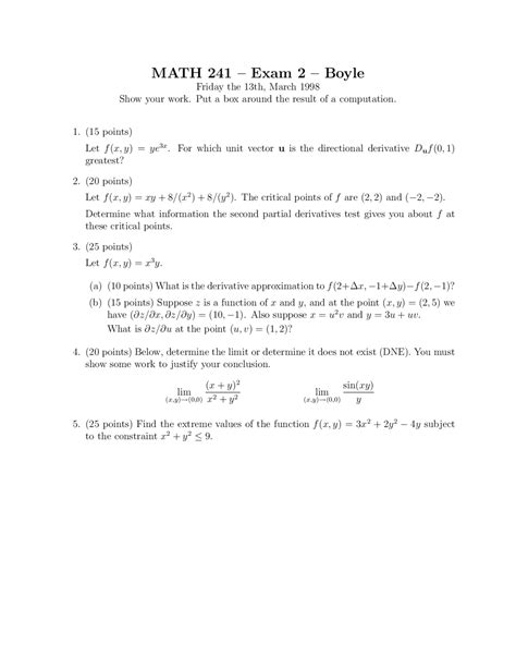 Practice Exam 2 Calculus Iii Fall 1998 Math 241h Docsity